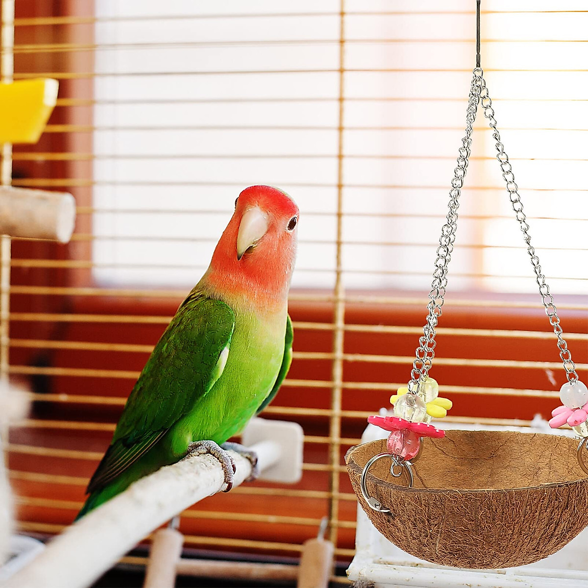 ULTECHNOVO Hammock Swing Natural Coconut Bird Hide Nest Hut House Coconut Shell Breeding Bird Nest Coconut Fiber Hanging Birdhouse Cage Habitats Decor for Pet Parrot Parakeet