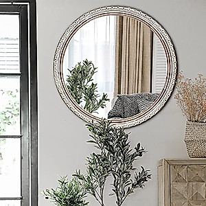 HCODCIBA Round Mirror 24 Inches, Farmhouse Wood Circle Mirror,Wall Mirror Decorative for Entryway,Bedroom, Living Room,Rustic Wooden Hanging Mirror