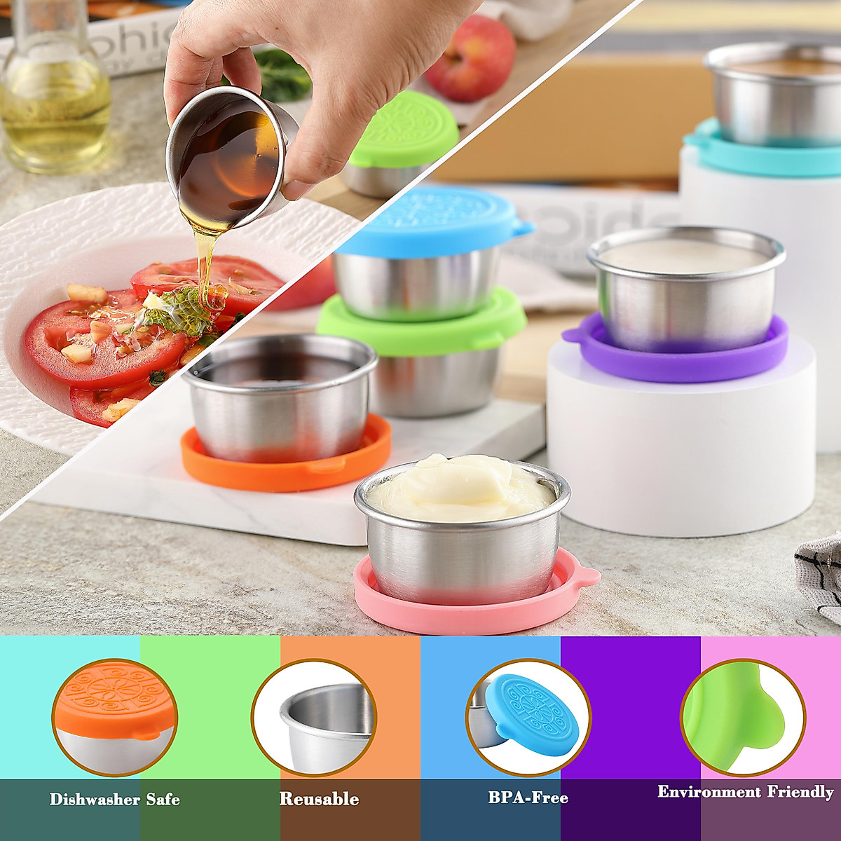 MONGSEW 6PCS Salad Dressing Container To Go, Small Condiment Containers with Leakproof Silicone Lids, Stainless Steel Condiment Containers for Lunch Bento Box, Work, School, Picnics (1.7oz each