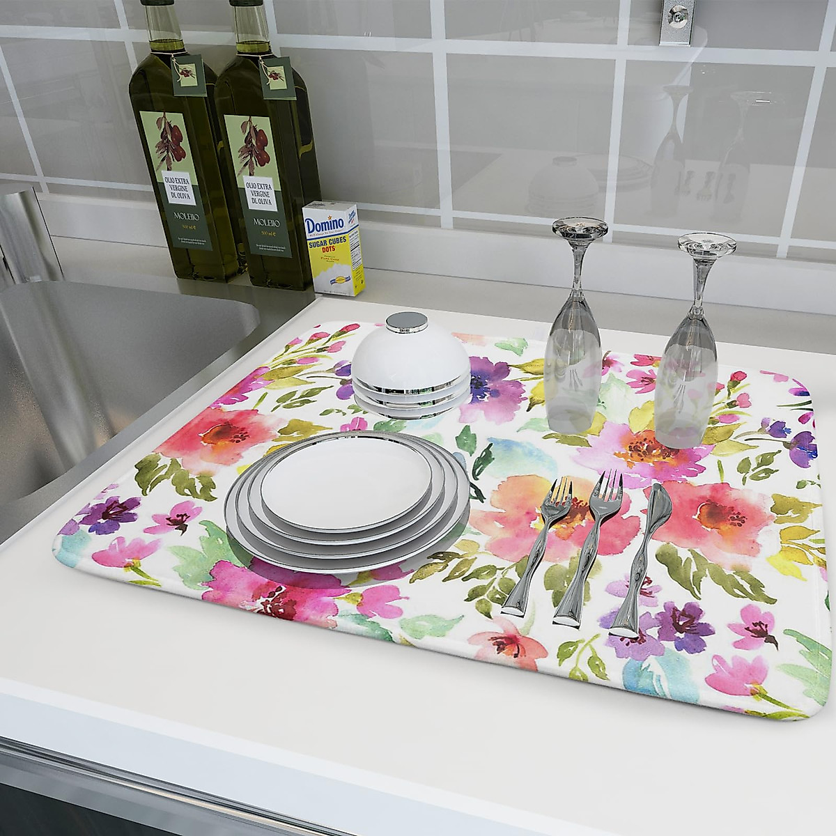 Floral Dish Drying Mats for Kitchen Counter Large Drying Mat for Dishes Microfiber Dish Rack Mat Kitchen Decor Spring Summer Flower Drainer Pad Washable Foldable Ultra Absorbent Dry Mat 18×24 Inch