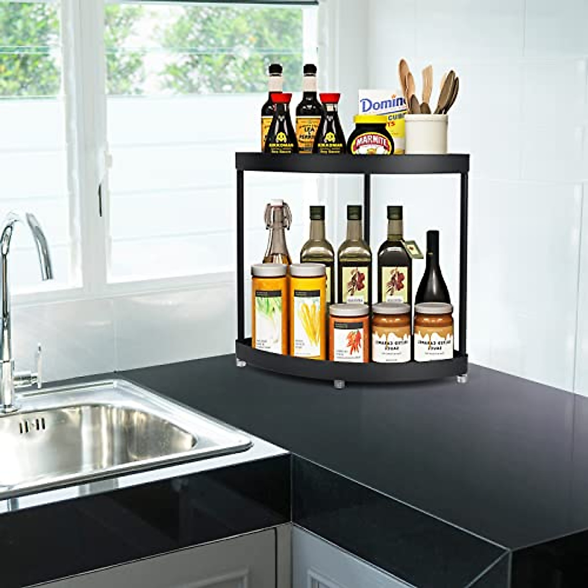 2 Tier Bathroom Countertop Organizer, Corner Storage Shelf Counter Standing Rack Cosmetic Vanity Tray Kitchen Spice Rack, Black