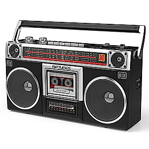 Riptunes Boombox Radio Cassette Player Recorder, AM/FM -SW1/SW2 Radio, Wireless Streaming, USB/Micro SD Slots, Aux in, Headphone Jack, Convert Cassettes to USB/SD, Classic 80s Style Retro, Black