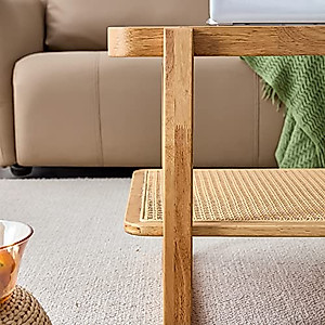 Pvillez Chinese Style Coffee Table, 45.28" Log Style Faux Rattan Rectangular Double-layer Solid Wood Coffee Table with Craft Glass, Mid Century Modern Coffee Table Center Table for Living Room Natural