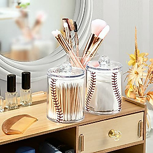 Gredecor 4 Pack Apothecary Jars Baseball Softball Red Lace Qtip Holder Organizer Clear Airtight Canister for Cotton Swabs Storage Acrylic Plastic Jar with Lids