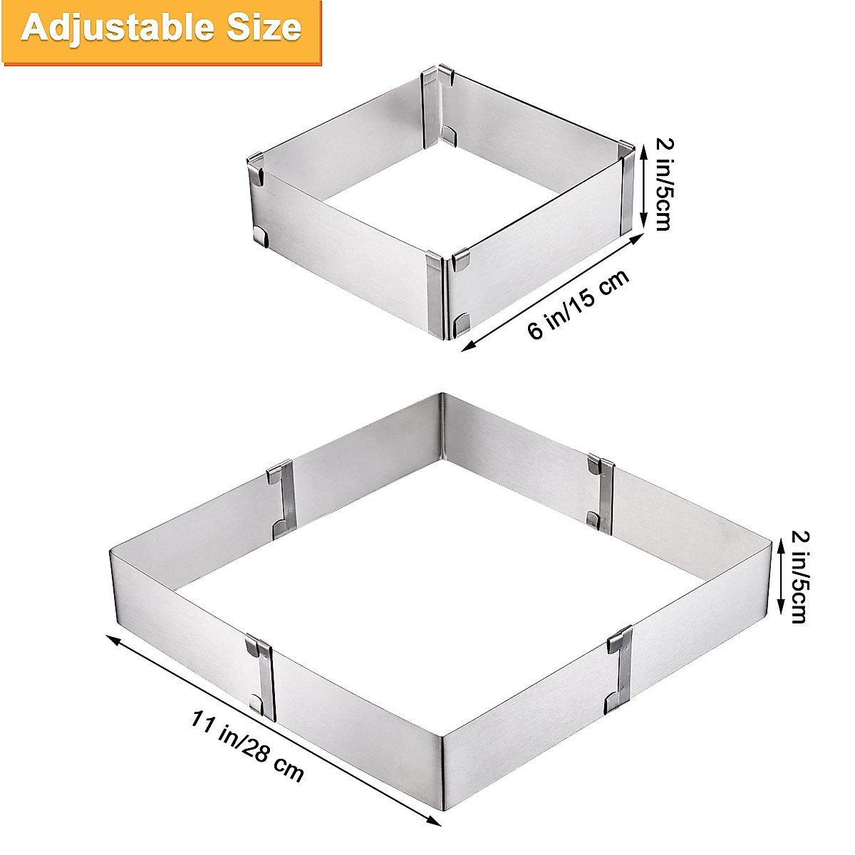 YOUEON 4 Pack Square Cake Molds Ring Adjustable from 6" to 11", Stainless Steel Mousse Cake Ring, Baking Molds, Pastry Making Tool for Birthday Cake, Party Dessert, Handmade Snack