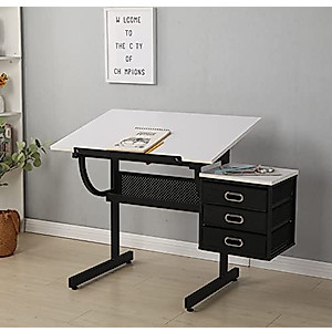 Lamerge Drafting Table with Stool, Drawing Desk for Adults/Artists with 3 Storage Drawers, Tabletop Adjustable 0-75° Tilting for Reading Writing Work Home Office, White