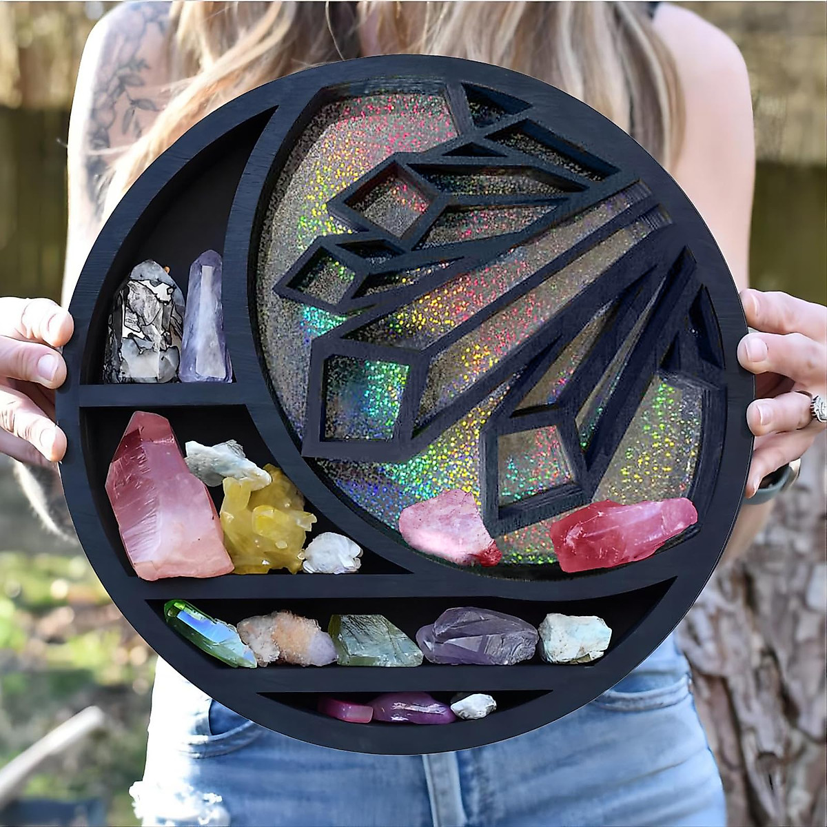 CLKFDCH Wood Crystal Display Shelf, 12 Inch Wooden Crescent Moon Shelf for Crystals Stones, Black Wall Hanging Floating Shelves Home Decor for Essential Oils