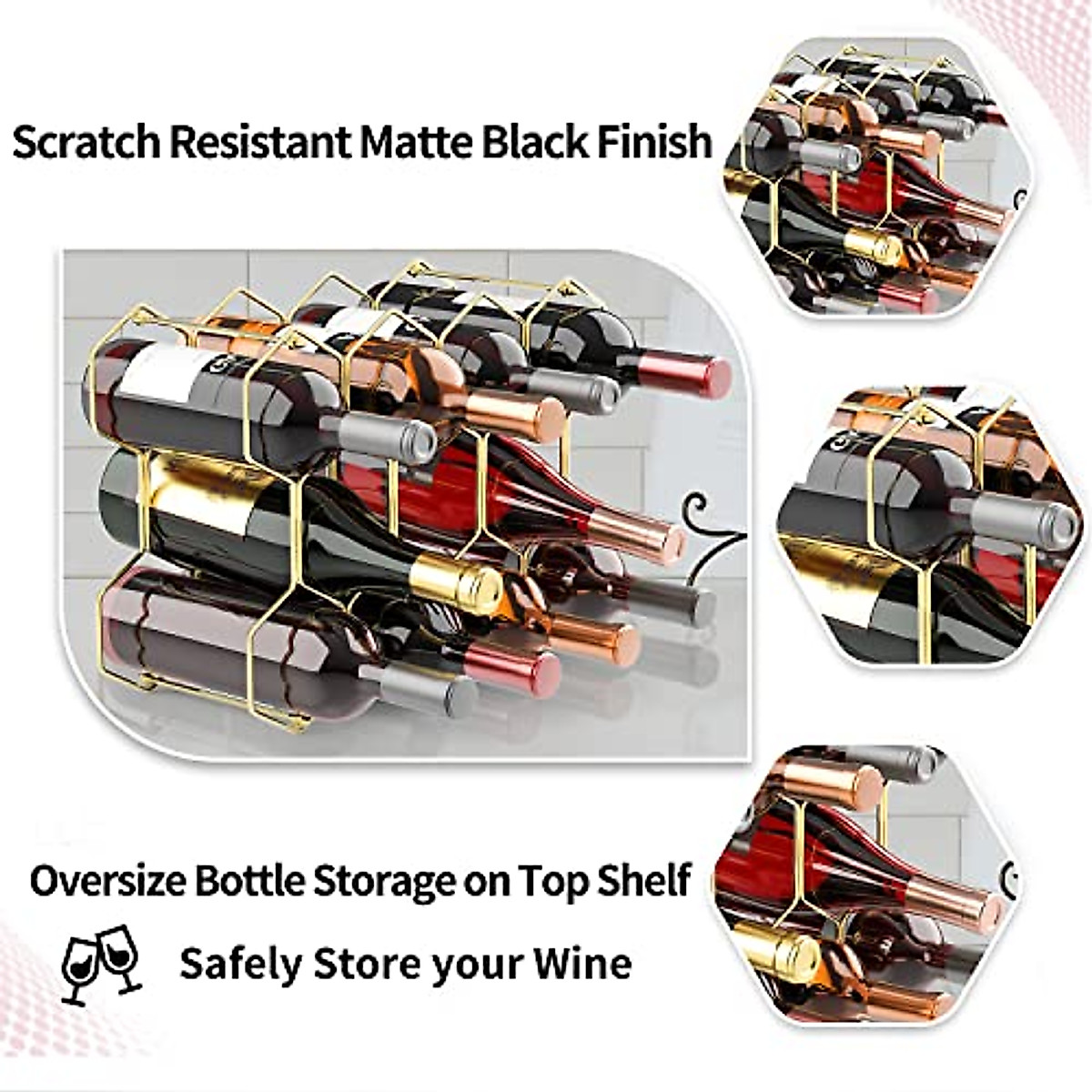 Buruis Countertop Wine Rack - 14 Bottle Wine Holder for Red White Wine Storage - Freestanding Metal Wine Rack - Small Tabletop Wine Rack - 3 Tier Modern Wine Bottle Holder (Gold)