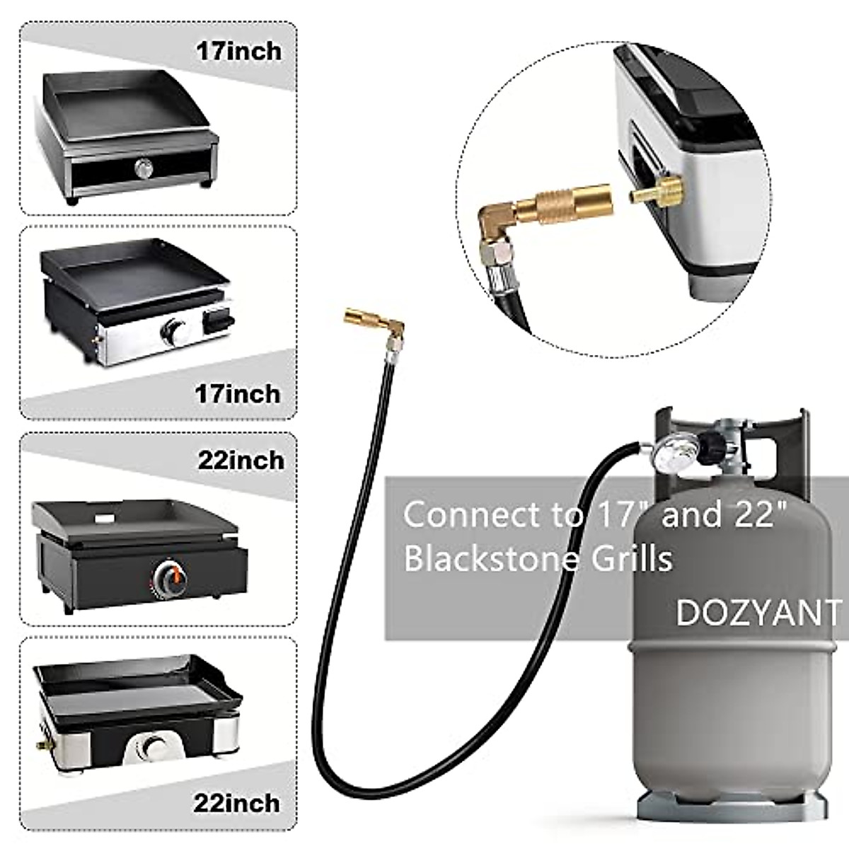 DOZYANT 6 Feet Propane Regulator and Hose, QCC1 Universal Grill Regulator Replacement Parts with 90 Degree Elbow Adapter for Blackstone 17 inch and 22 inch Tabletop Griddle Camper Grill