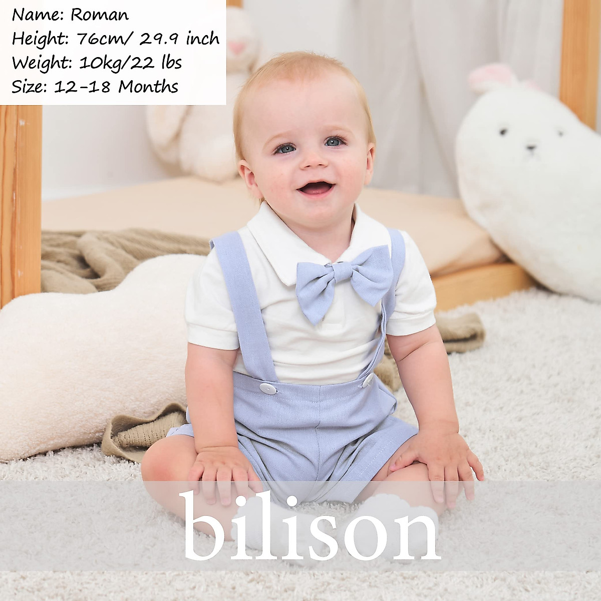 bilison Baby Boy Clothes Gentleman Bowtie Romper and Overalls Suspenders Pants Wedding Tuxedo Outfits(blue,0-6m)