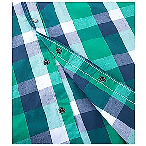 Mens Short Sleeve Western Shirts with Pearl Snap Button Up Casual Regular Fit Plaid Shirts (Green and White-05D,Large)