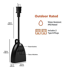 Amazon Basics Outdoor Smart Plug with 2 Individually Controlled Outlets, 2.4 GHz Wi-Fi, Works with Alexa Only