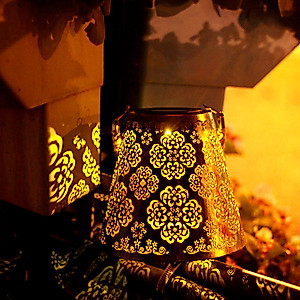 Outdoor Lanterns, Moyisea Hanging Solar Lantern Lights with Rattan Handle and Metal Hollow-Out Flower Lace, Waterproof Decorative Lantern for Patio, Porch, Garden and Tabletop, Bronze