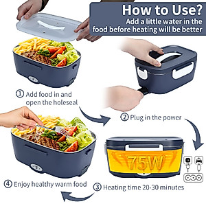 Electric Lunch Box, 75W Portable Food Heater for Adults, Fast Heating Food Warmer for Car Truck Home Office 110V/12V/24V with 1.5L 304 Stainless Steel Container, Fork Spoon and Bag, Blue+White