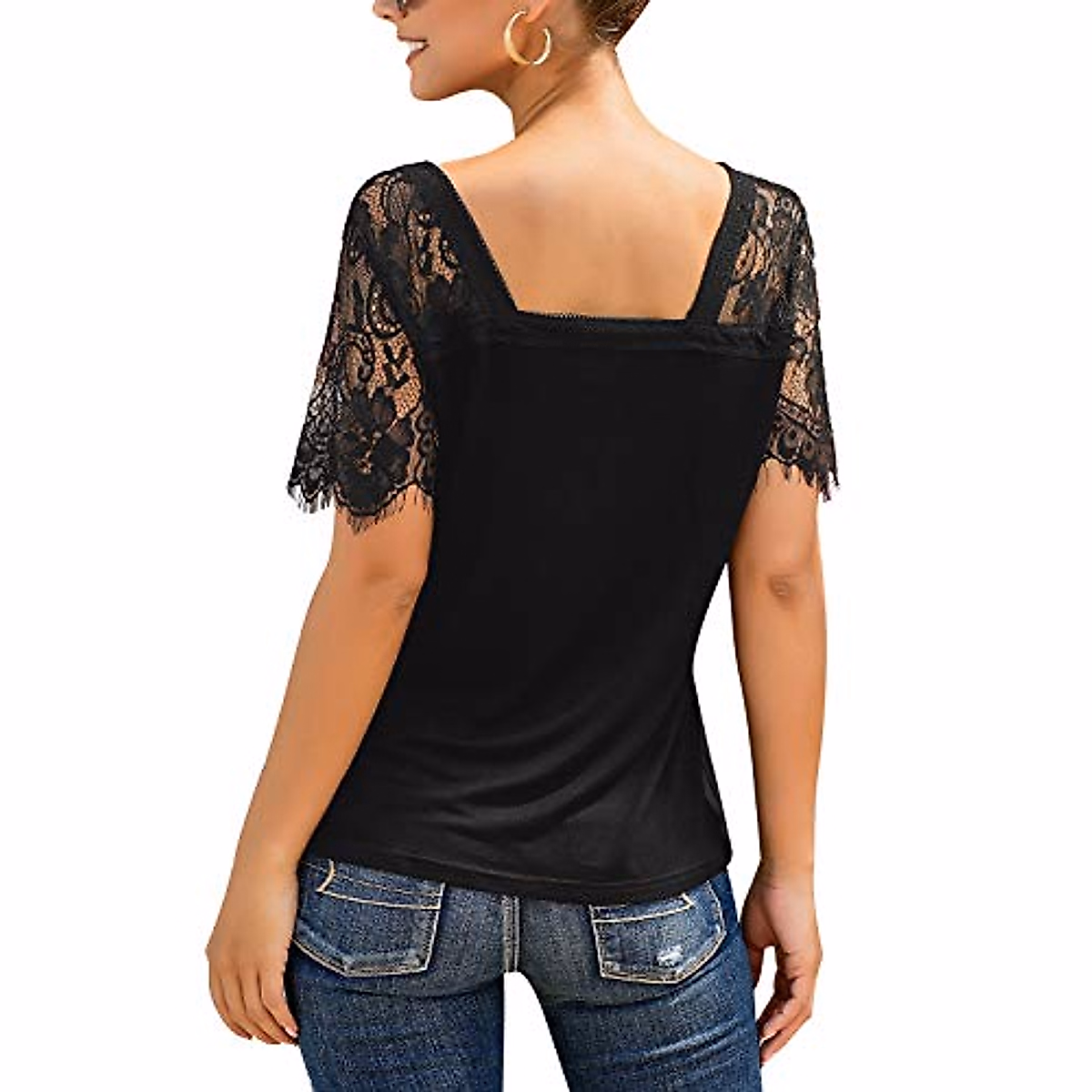 LookbookStore Women's V Neck Scalloped Lace Tee Tops Short Sleeve T Shirt Casual Summer Tops for Women 2024 Black T Shirts for Women Blace Lace Tops Casual Comy Short Sleeve Shirts Size M Size 8 10