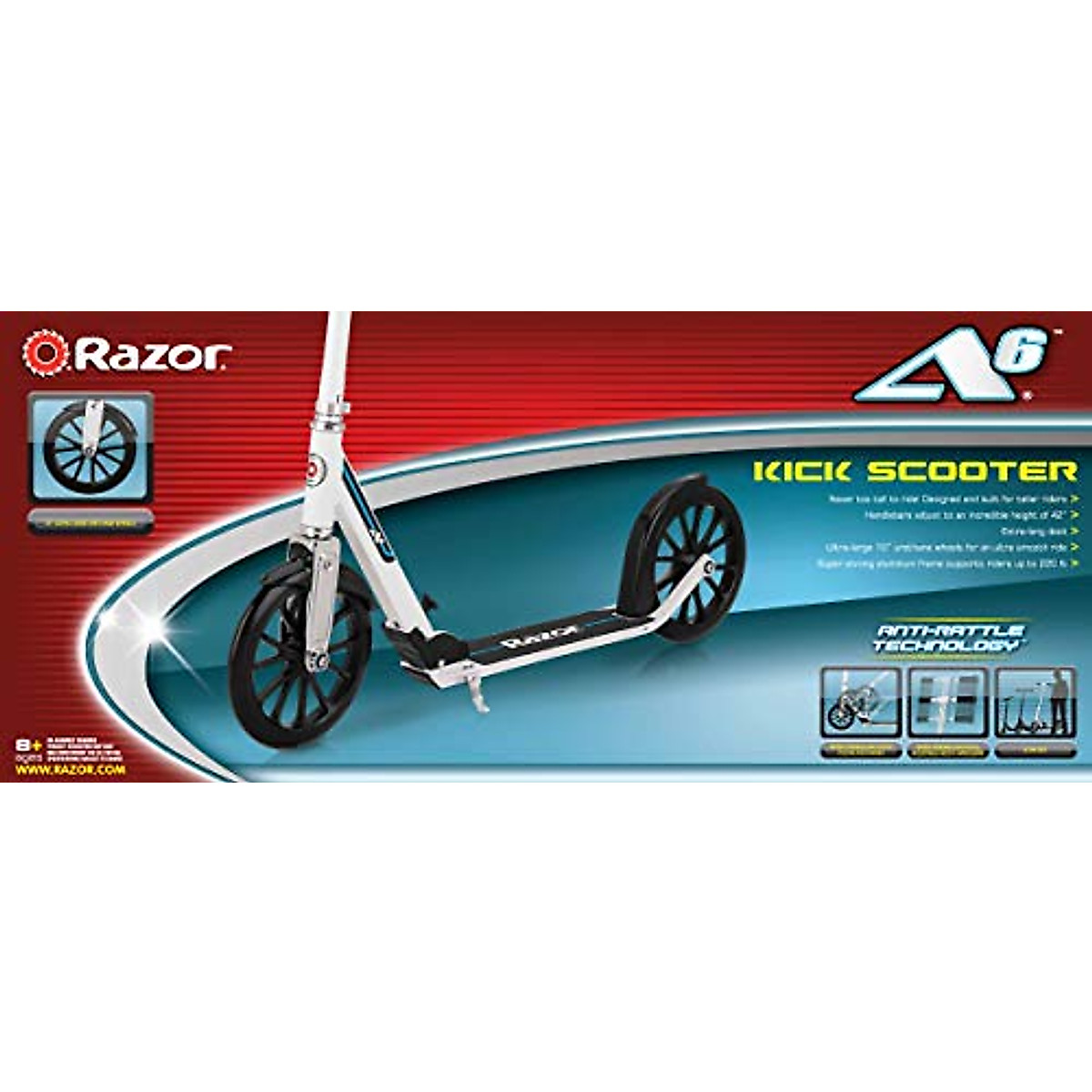 Razor A6 Kick Scooter for Kids Ages 8+ - Extra-Tall Handlebars & Longer Deck, 10" Urethane Wheels, Anti-Rattle Technology, For Riders Up to 220 lbs