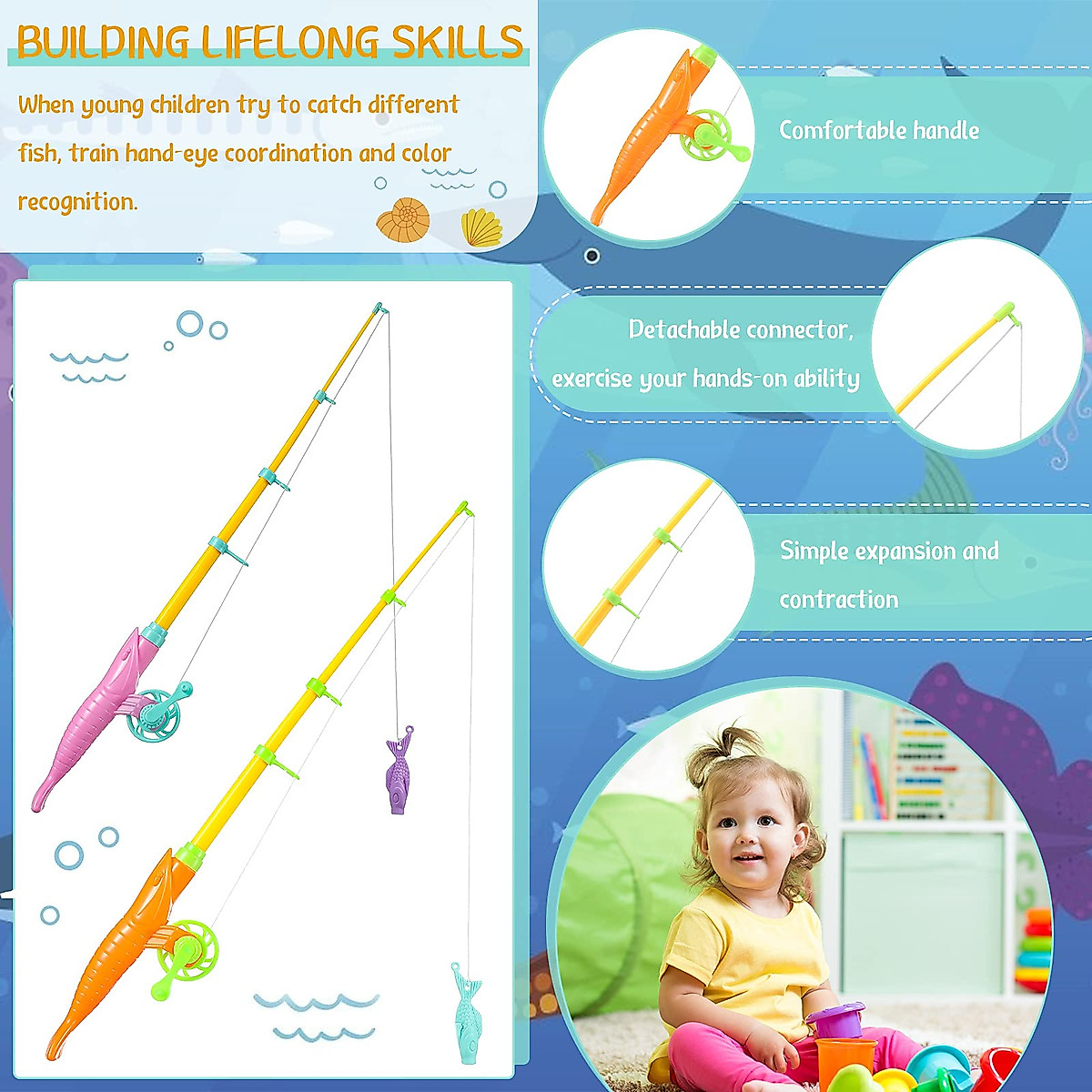 Wettarn 4 Pcs Magnetic Fishing Toy Pole Magnetic Fishing Rod Game 7.3 Inches Summer Bathtub Toys Magnet Plastic Floating Fish Fishing Pool Toy Educational Learning Toys for Girls Boys Teens