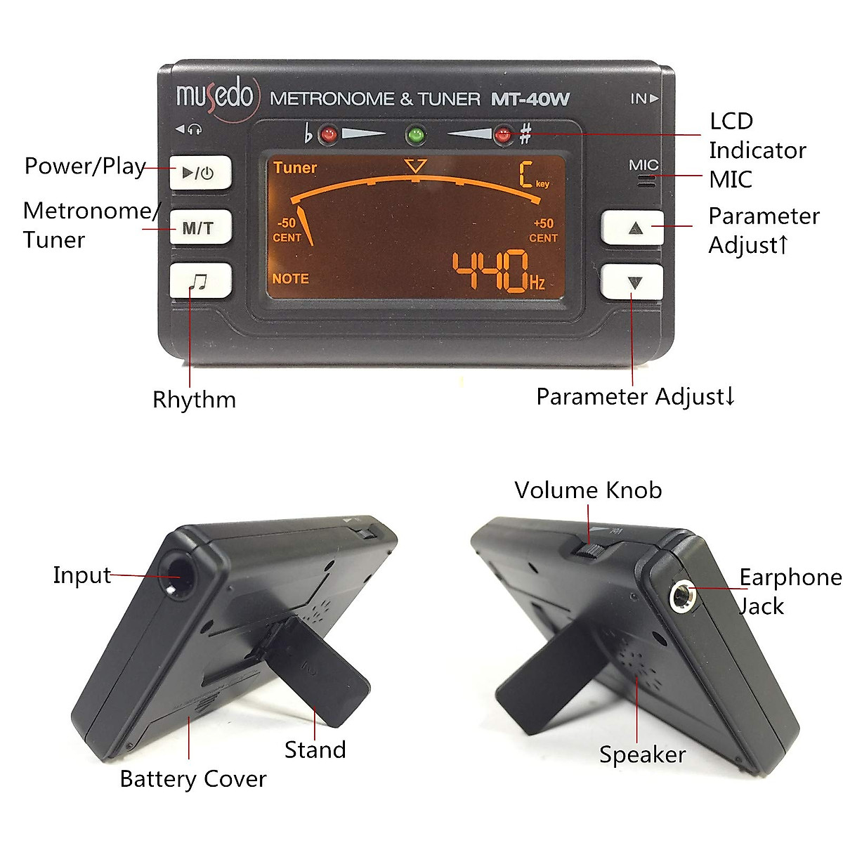 Musedo MT-40W 3-in-1 Digital Wind Instrument Tuner Metronome Tone Generator for Chromatic, Sax, Flute, Clarinet, Windwood. Battery Included (Black)
