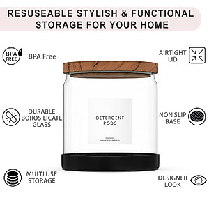 Laundry Pods Container Laundry Jars - Half Gallon Laundry Detergent Holder, Laundry Pod Holder & More for Laundry Organization and Storage with Labels, Non Slip Base & Wood Lid for Laundry Room