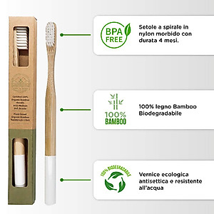 Eco Friendly and Biodegradable Bamboo Toothbrush Water Resistant | Plastic Free Round Handle | Antiseptic Medium Hard Bristles BPA-Free | Natural | Set of Toothbrushes | 200 Bamboo Cotton Swabs FREE