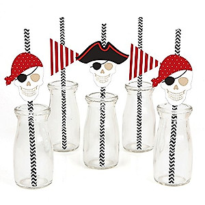 Beware of Pirates Paper Straw Decor - Pirate Birthday Party Striped Decorative Straws - Set of 24
