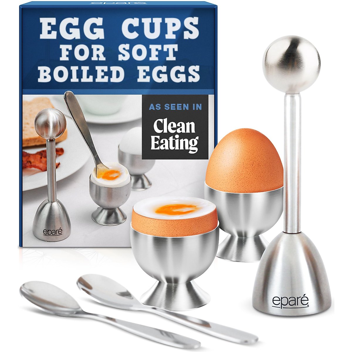 Eparé Egg Cups For Soft Boiled Eggs with Spoons - Hard Boiled Egg Holder & Egg Cracker Tool Set - Stainless Steel Handle Egg Opener Topper & Cutter