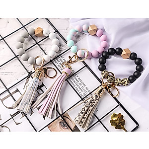 GIEMSON Silicone Key Ring Bracelets Wristlet Keychain Car Beaded Key Ring Bangle Chains for Women（Leopard）