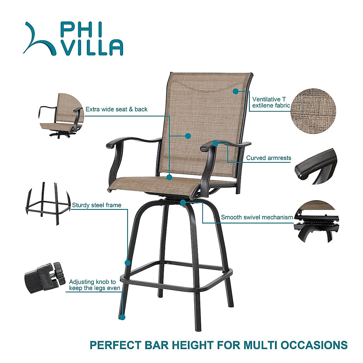 PHI VILLA 3 PCS Patio Swivel Bar Set Outdoor Furniture Bar Height Bistro Set, 2 Bar Stools and 1 Table