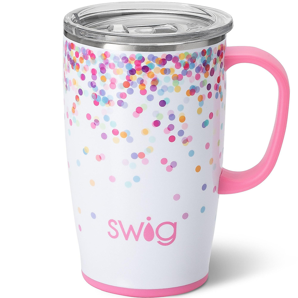 Swig Life 18oz Travel Mug, Insulated Tumbler with Handle and Lid, Cup Holder Friendly, Dishwasher Safe, Stainless Steel, Travel Coffee Cup, Glitter Tumbler, Glitter Gifts (Confetti)