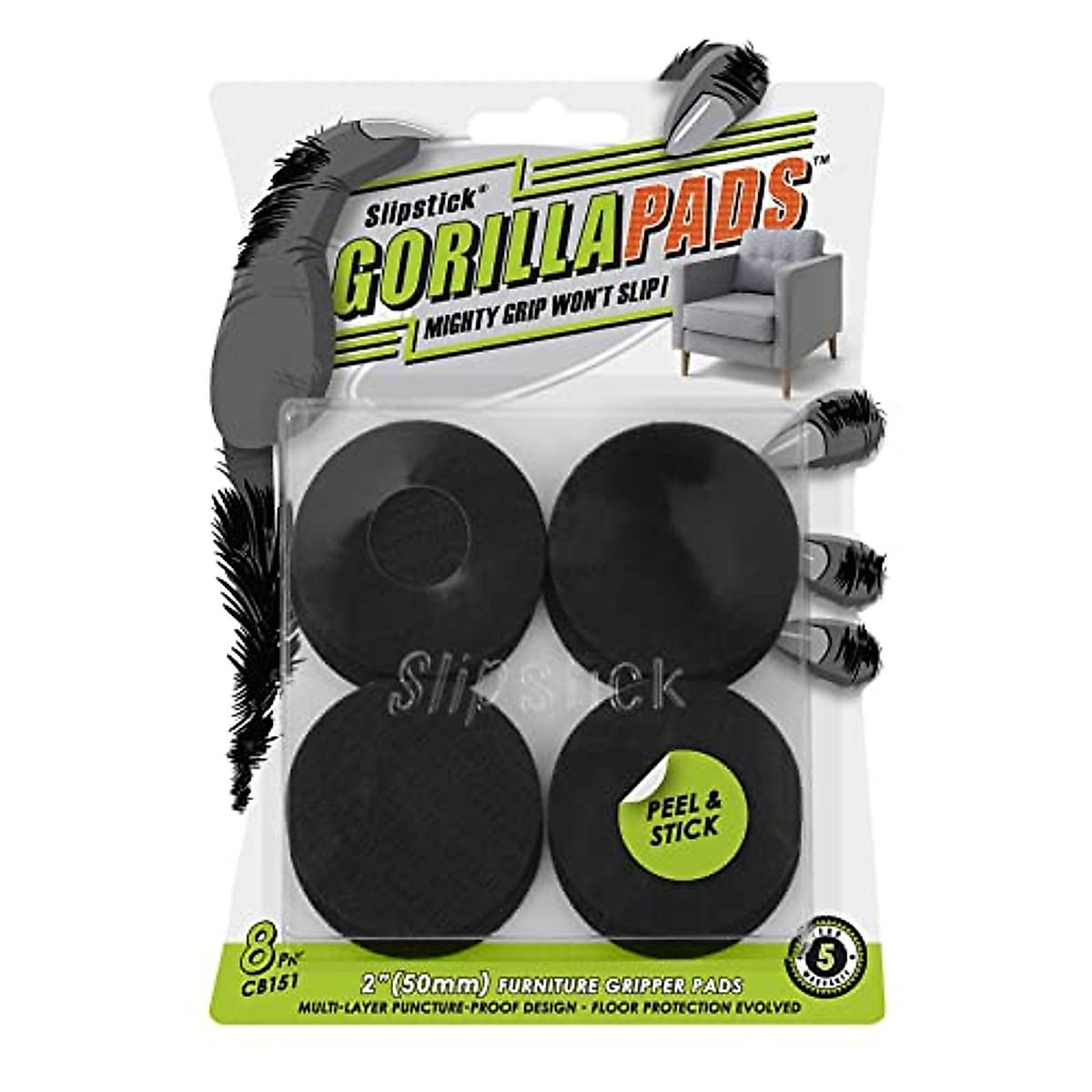 Slipstick GorillaPads Non Slip Furniture Pads/Gripper Feet Floor Protectors (Set of 8) Premium 2 Inch Round Self Adhesive Rubber Stoppers for Furniture Legs, Black, CB151