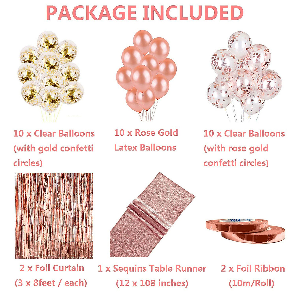 Rose Gold Balloons Party Decorations Supplies Set 35 Pack Include 30 Balloons, 2 Foil Fringe Curtains, 1 Rose Gold Sequin Table Runner, 2 Foil Ribbon for Birthday Party, Wedding,Xmas New Year Festival