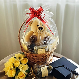 ELTNEGSA 30x45 Inch Clear Basket Bags, 10 Pack Large Cellophane Wrap Bags Basket Packaging Bags with 10pcs Bows for Christmas Gift Packages Fruit Basket