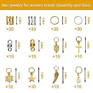 Nafaboig 200PCS Hair Beads for Women Braids, Loc Jewelry for Hair, Dreadlocks Accessories, Metal Gold Silver Clips Cuffs Coils Shells Rings for Hair Braiding Beard Decoration for Girls Women