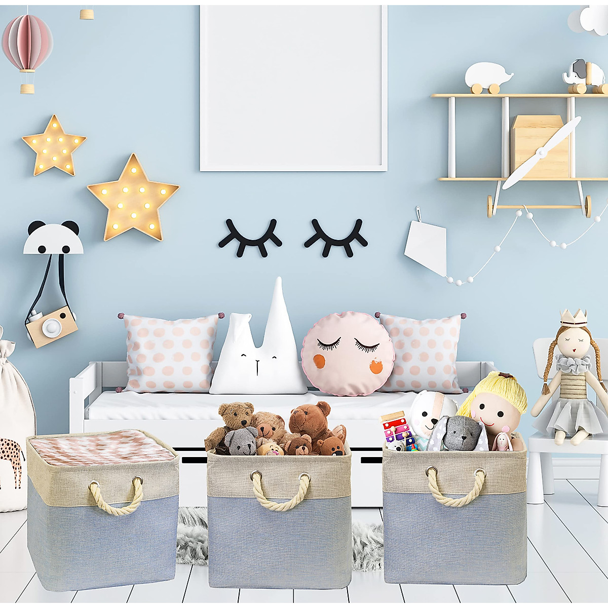 Simple Houseware Cotton Handle Extra Large Fabric Cube Storage Bin, 3 Pack, Blue