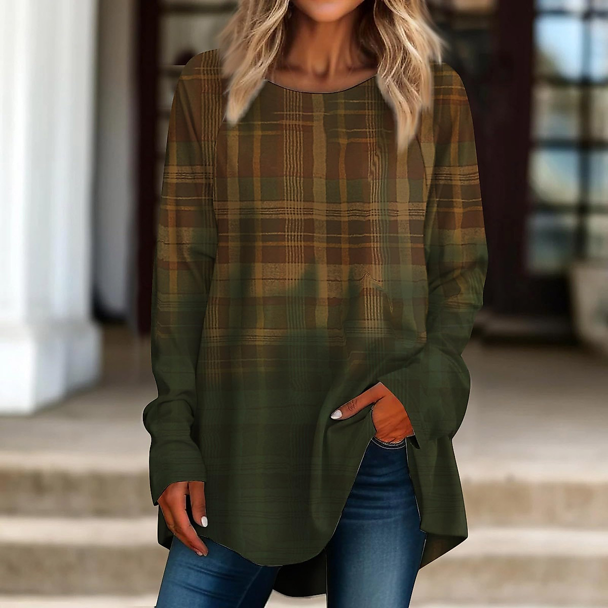 Womens Fall Fashion 2024 Blouses for Women Dressy Casual Tunic Tops to wear with Leggings Womens Tops Fall Long Sleeve Mesh Tops for Women Gym Shirts for Women Tshirts（1-Army Green,XX-Large）