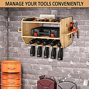 simesove Power Tool Organizer,Drill Holder Storage Wall Mounted with 6 Tool Organizer Slots, Wrench,Screwdriver and Circular Saw Storage,Solid Wooden Drill Charging Station