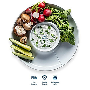 Kook Ceramic Chip & Dip Platter, Large Serving Dish, Round Tray for Snacks and Appetizers, with Bowl for Guacamole, Hummus, Dishwasher Safe, 13 inch, White