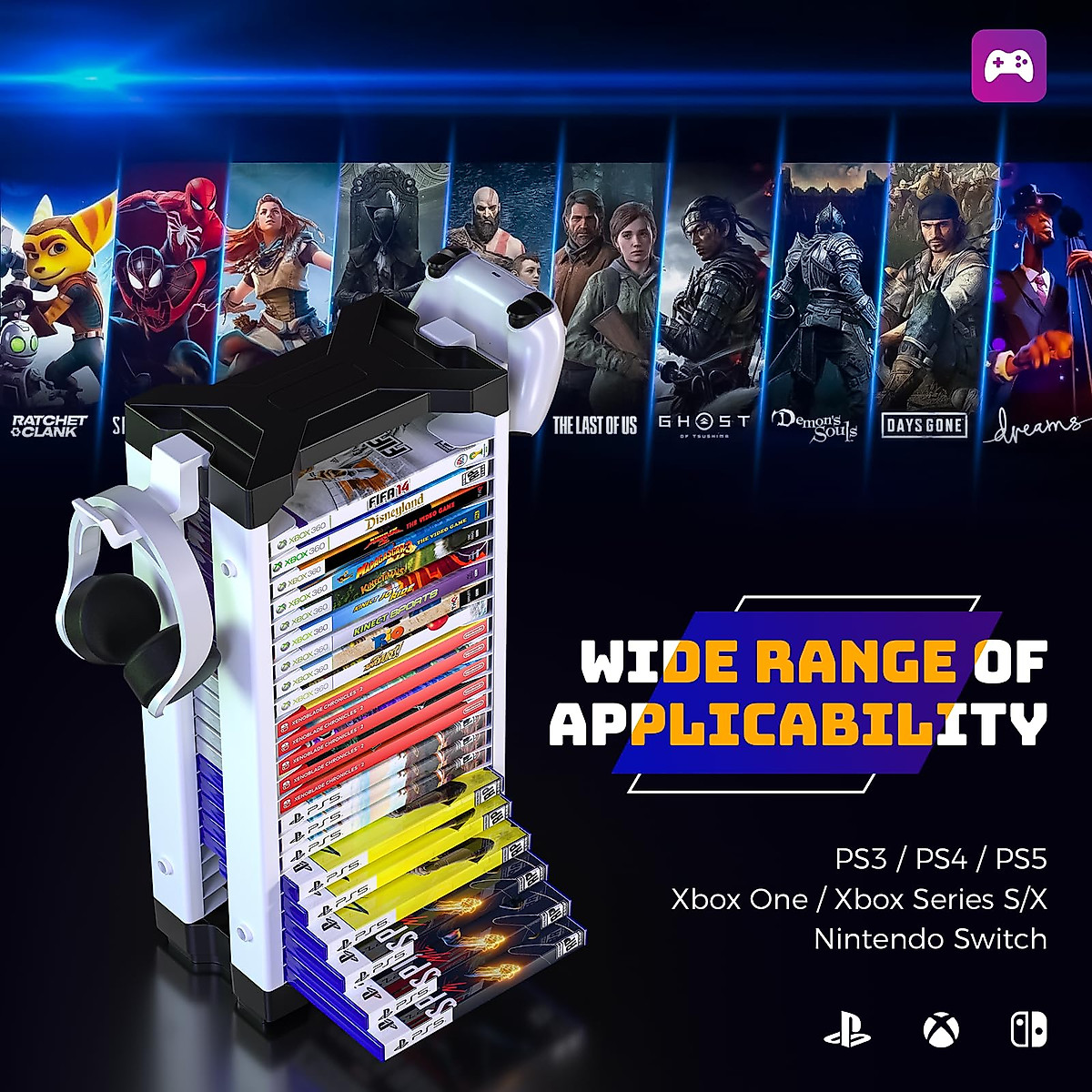 Allnice Game Storage Tower Multifunction Video Game Shelf for 24 game Disk, 2 Headsets Controllers Holder Compatible with PS3/PS4/PS5/ Nintendo Switch/Xbox One, Xbox Series X/S and Blu-Ray Discs