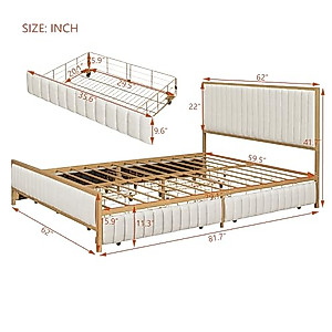 HBRR Queen Size Upholstered Bed with 4 Storage Drawers, Metal Platform Bed Frame with Button Tufted Headboard, Heavy Duty Mattress Foundation, No Box Spring Needed, Beige