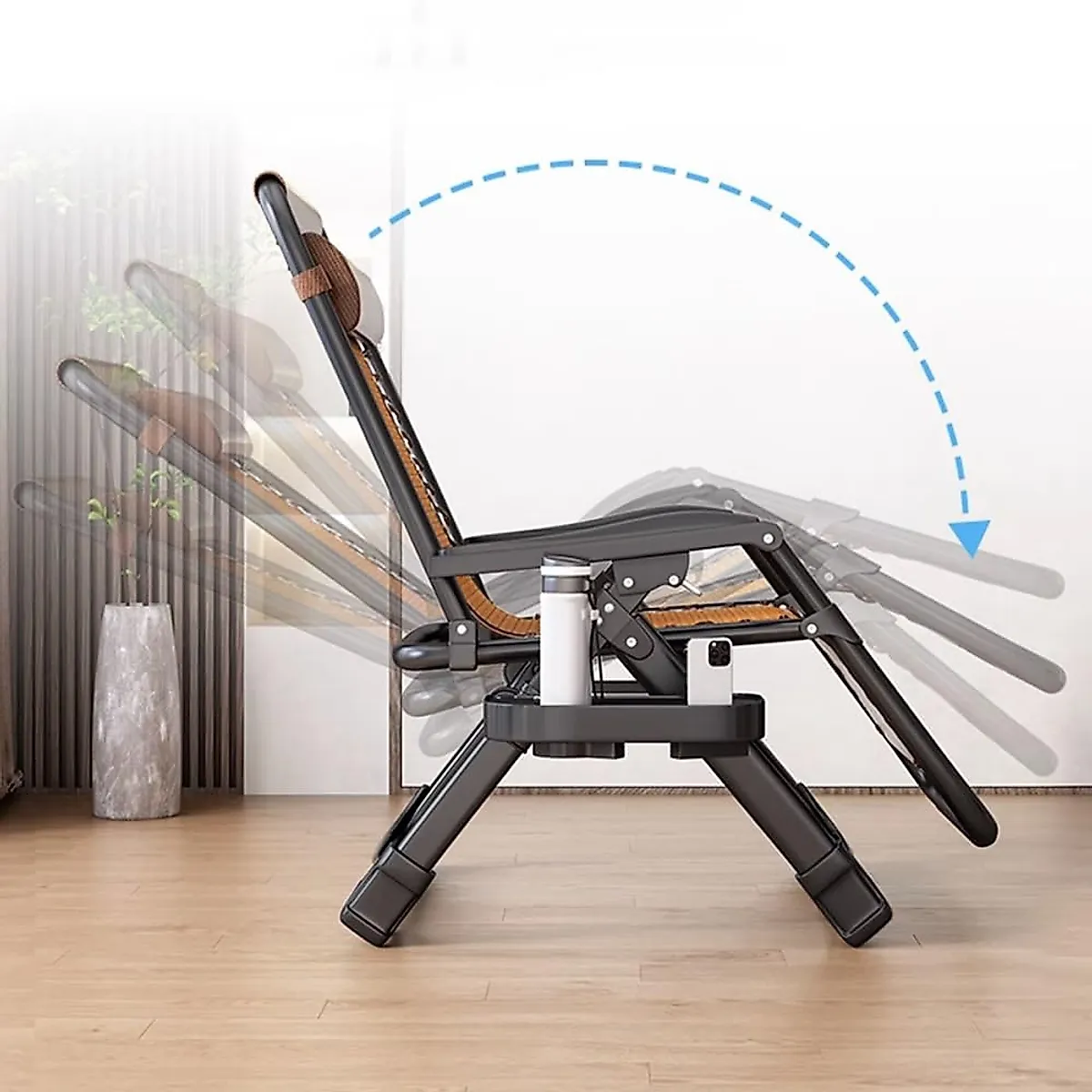 Zero Gravity Reclining Chair Folding Sun Lounge Chair Bamboo with Adjustable Backrest and Pillow & Cup Holder, Outdoor Portable Leisure Deck Chair for Garden Patio Backyard Beach