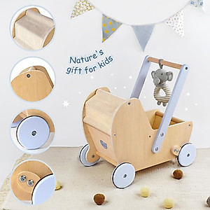 Pillowhale Wooden Baby Doll Pram Stroller,Wooden Baby Walker Push and Pull Doll Stroller,Baby Wooden Toy Stroller for Toddler Boys Girls 18 Months and Up