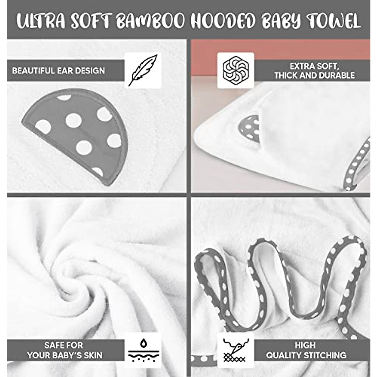 Set of 2 Bamboo Hooded Baby Towels – Luxurious, Large and Super Absorbent – 30 x 30 Inch – Soft and Suitable for Infants, Toddlers and Kids – 400 GSM White