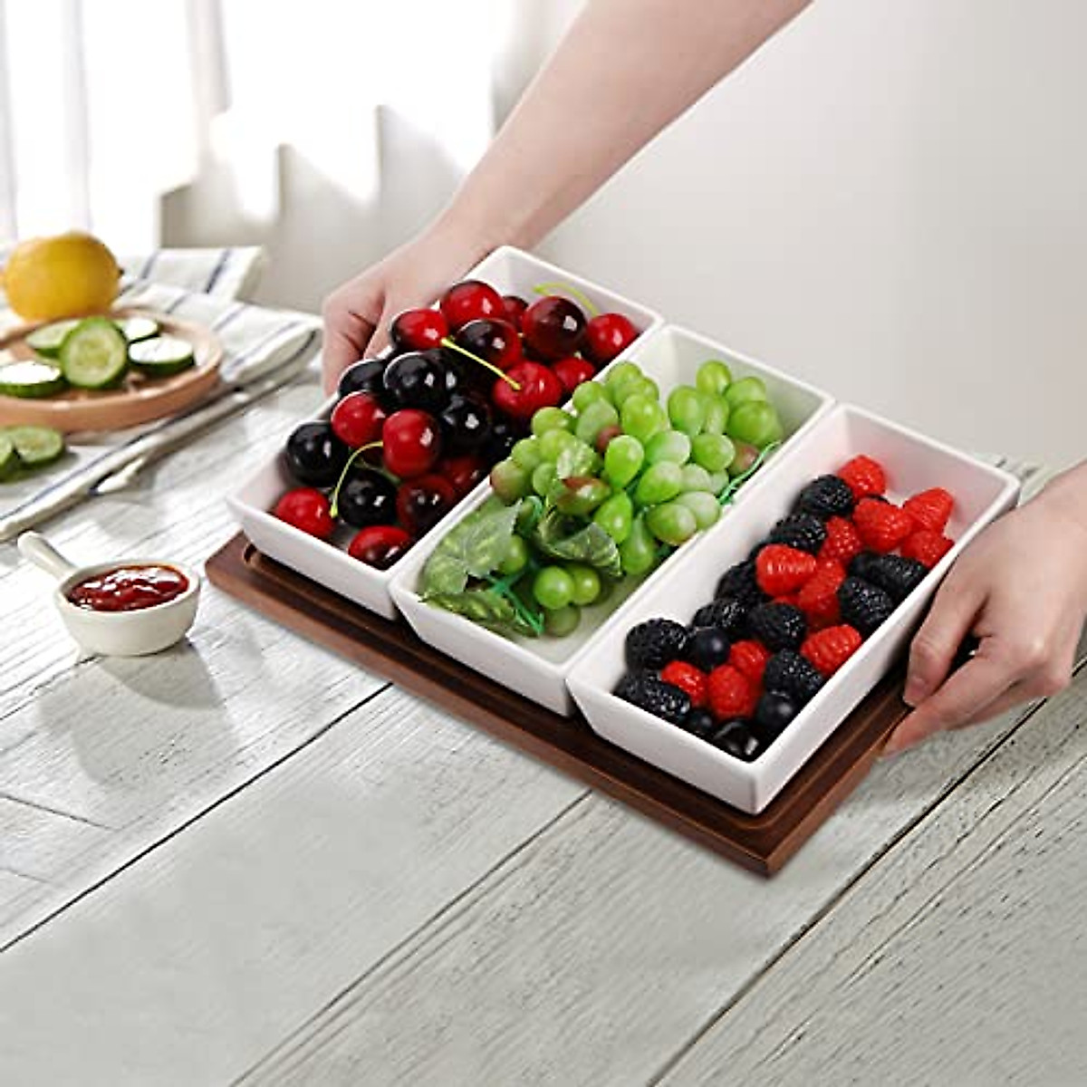 Elsjoy Set of 3 Ceramic Serving Bowls with Wooden Tray, Snack Serving Tray Divided Serving Platter for Appetizer, Fruits, Bread