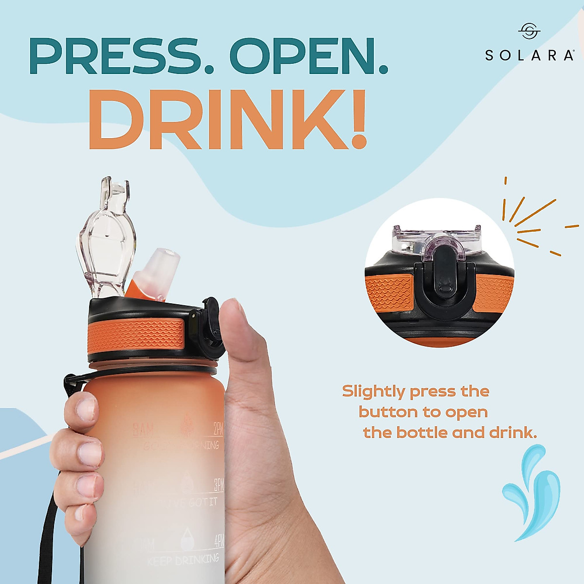 SOLARA 32oz Motivational Water Bottle with Times to Drink, Water Bottle with Straw, Water Bottle for Gym, Office | BPA Free Tritan Water Bottle with Motivational Quotes | Orange Teal