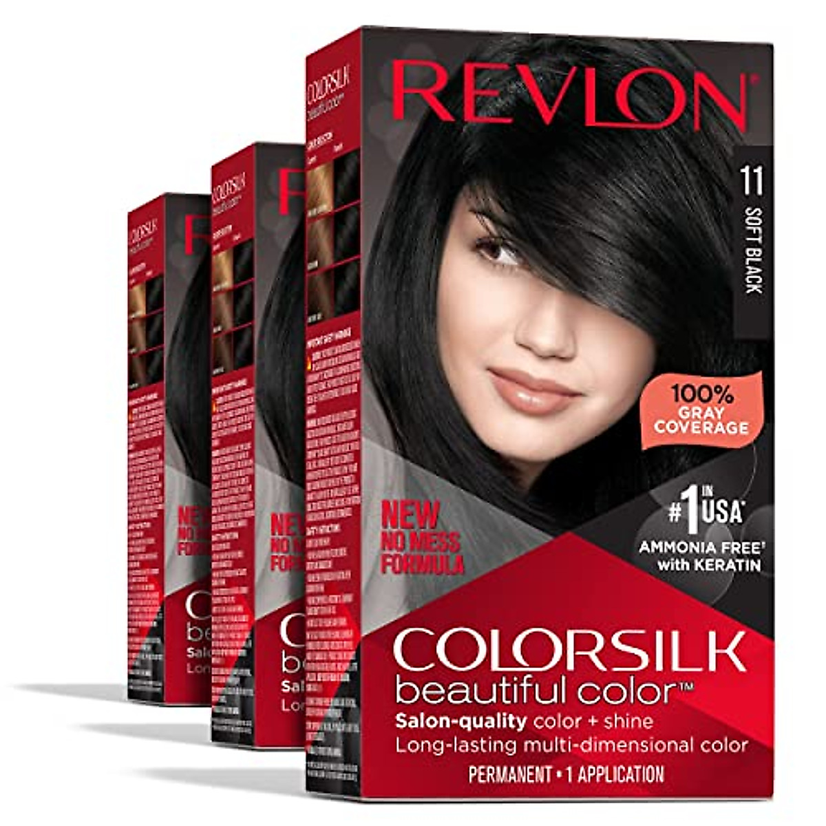 Permanent Hair Color by Revlon, Permanent Black Hair Dye, Colorsilk with 100% Gray Coverage, Ammonia-Free, Keratin and Amino Acids, Black Shades, 11 Soft Black (Pack of 3)
