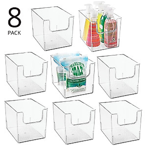 mDesign Plastic Household Storage Organizer Bins with Open Dip Front for Kitchen, Bedroom, Bathroom, Office, Craft or Playroom Organization - Hold Toys, Books - Ligne Collection, 8 Pack - Clear