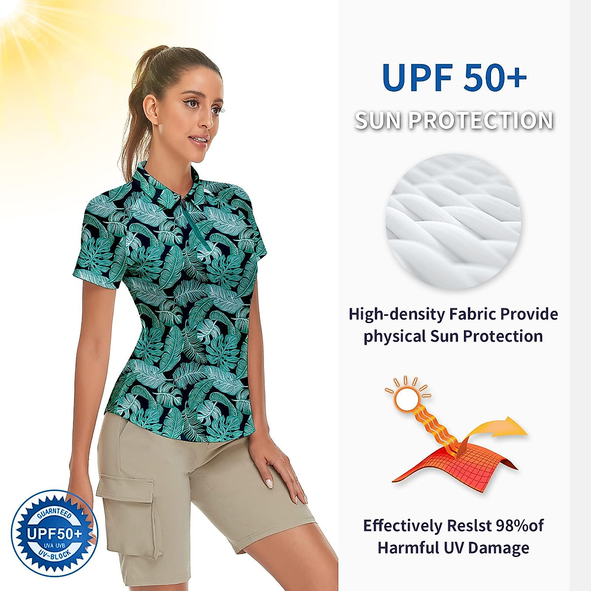 Women Summer Floral Print Polo Shirts Short Sleeve Golf Shirts Dry Fit (Green Printed, Large)