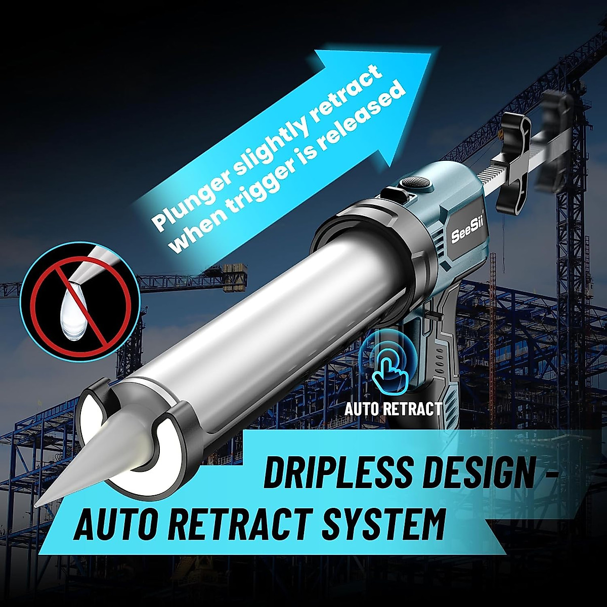 Seesii Electric Caulking Gun, Lightweight & Cordless Caulking Gun with LED Light, Labor Saving AA Battery Power Caulk Gun, 10oz Cordless Caulk Gun for Filling, Sealing (Battery Not Included)(Blue)