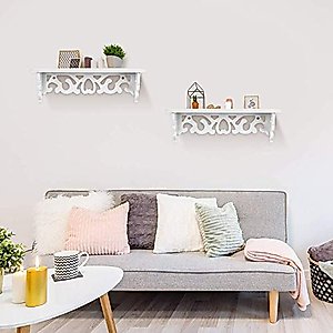 Floating Shelf, Modern White Wooden Wall Shelf Carved Cutout Design Storage Rack Chic Filigree Style for Home Living Room Bedding Room Study Kids Room Office,13.8x3.15 in