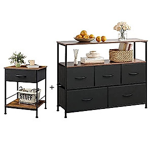 WLIVE 1-Drawer Nightstand and 5-Drawer Dresser TV Stand Set, Fabric Storage Tower for Bedroom, Hallway, Nursery, Closets, Tall Chest Organizer Unit with Textured Print Fabric Bins, Steel Frame